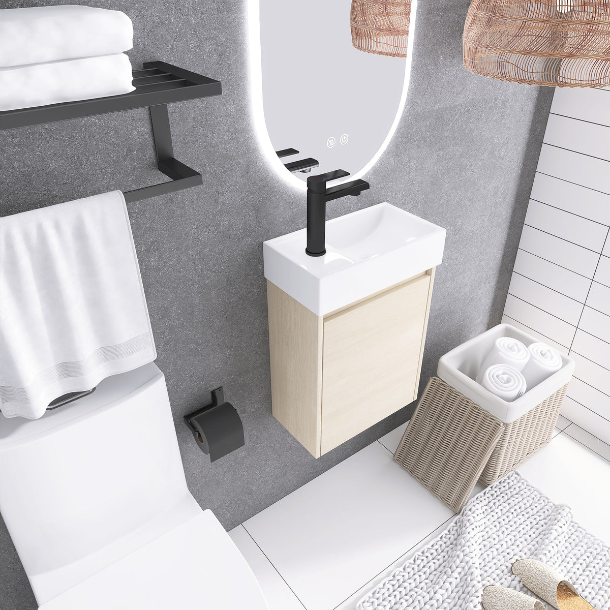 16 Inch Wall-Mounted Small Bathroom Vanity with Ceramic Sink and Soft ...